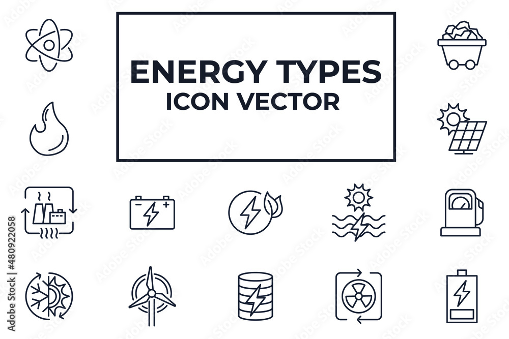 Set of Energy Types icon. Hydroelectric Power Station, Solar Cells and ...