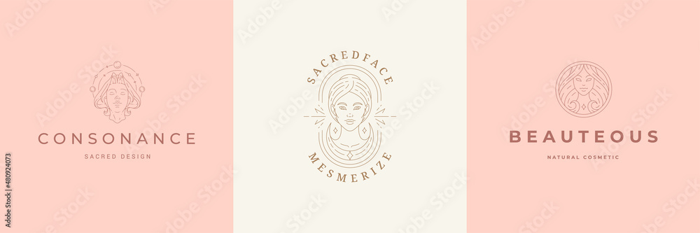 Feminine logos emblems design templates set with magic female portraits ...