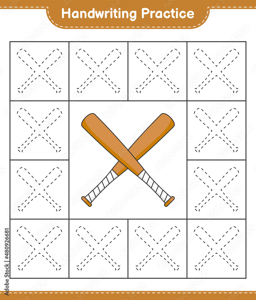 Handwriting practice. Tracing lines of Baseball Bat. Educational ...