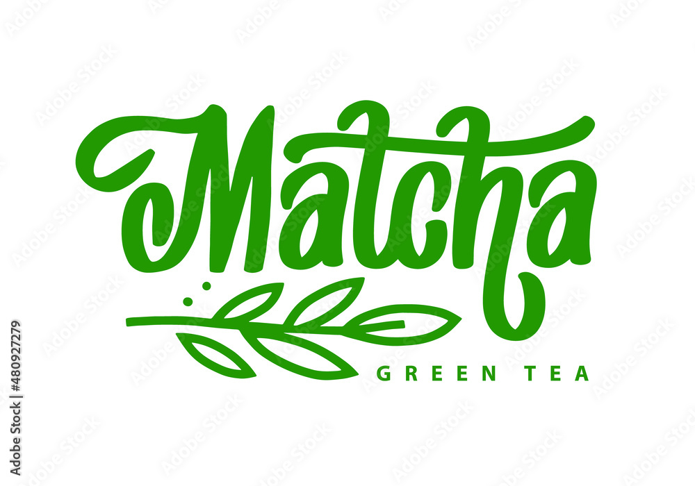 Matcha logo design. Lettering decorated of branch green leaves. Hand ...