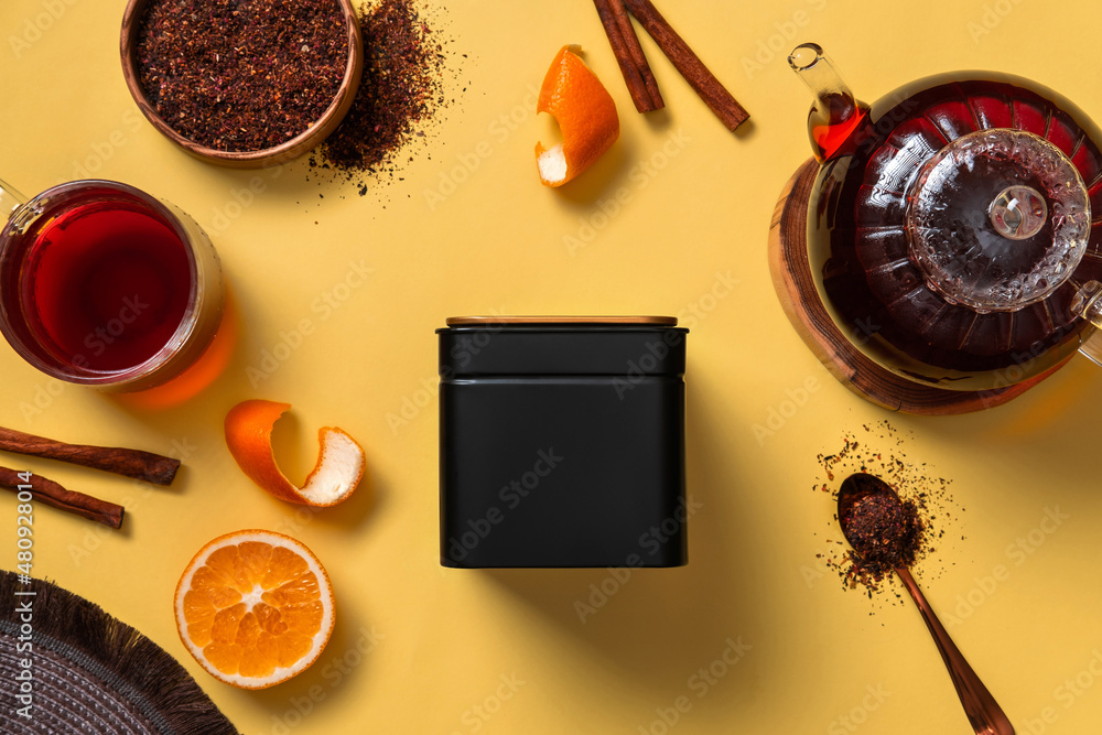 Black metal packaging for tea. Tea branding and packaging mockup. Blank ...