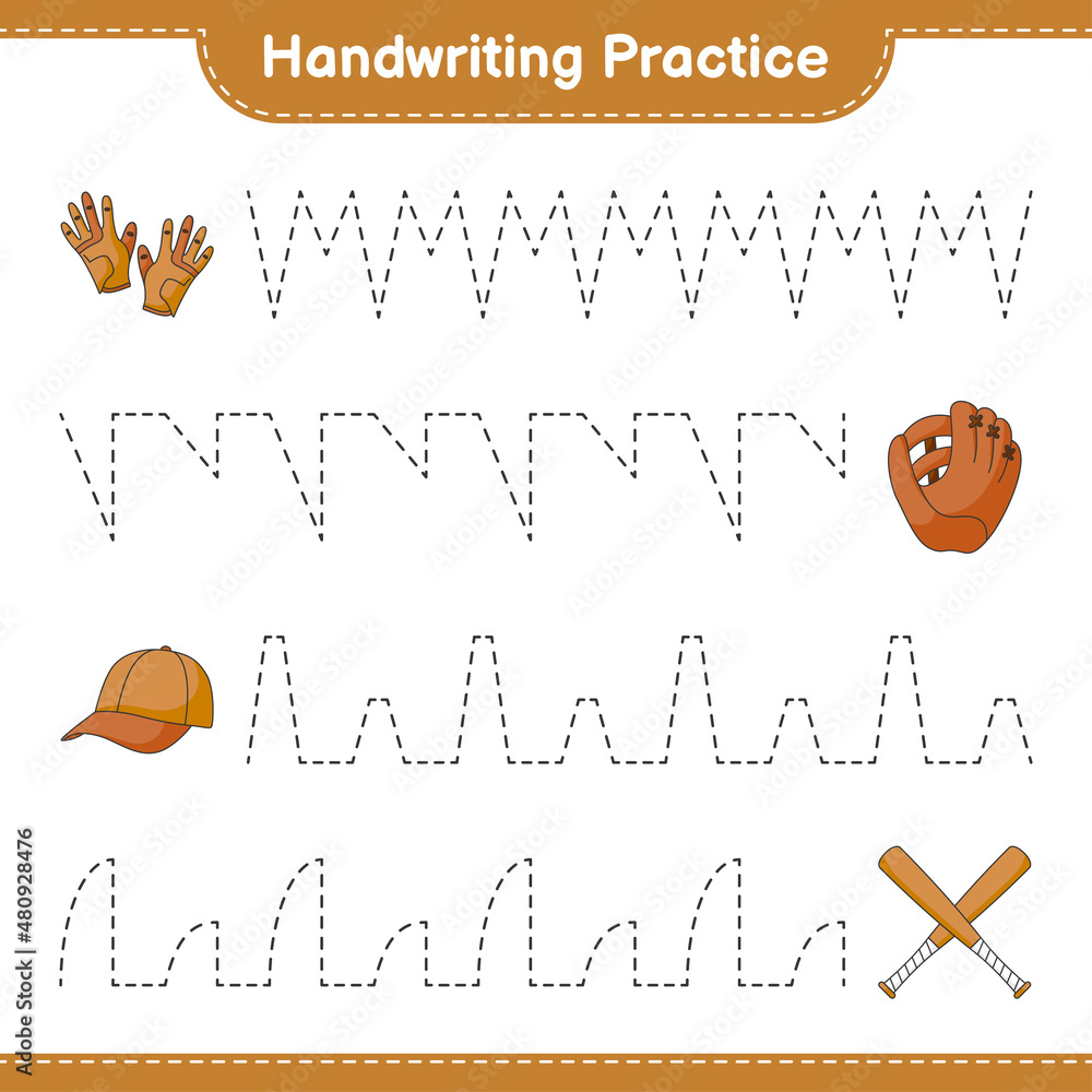 Handwriting practice. Tracing lines of Baseball Glove, Golf Gloves, Cap ...