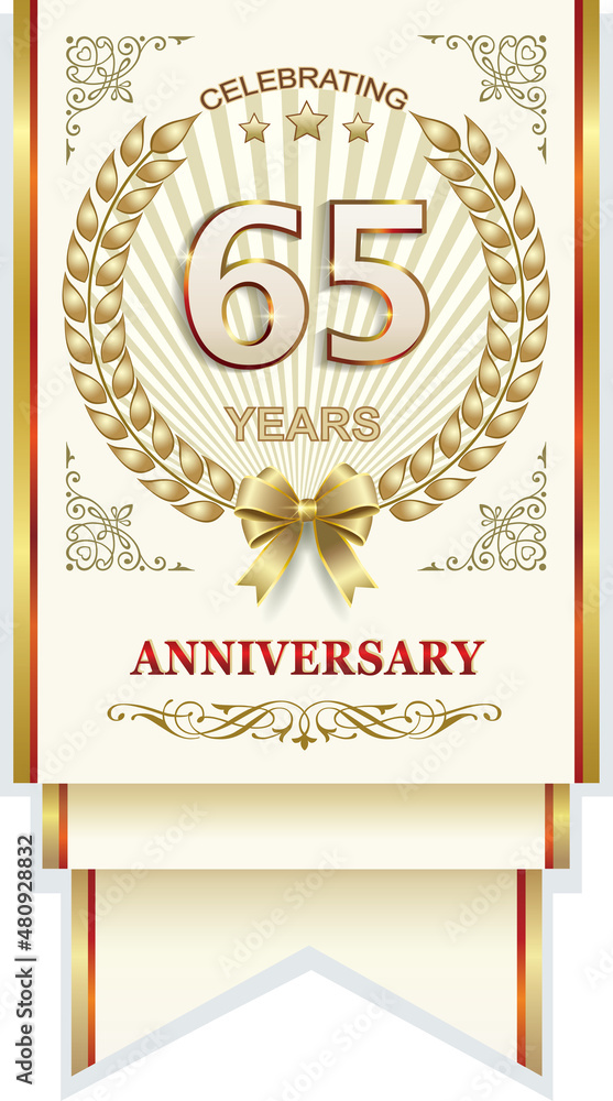 65 years anniversary card with laurel wreath and ribbon, light ...