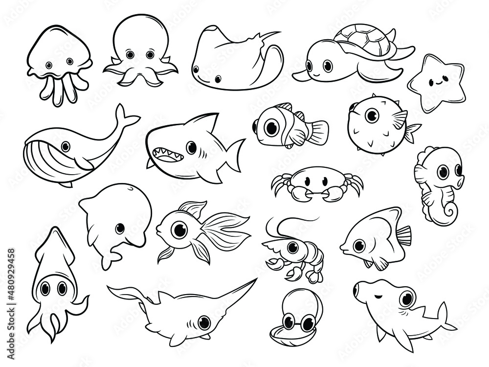 Set of baby sea animals. Collection of cartoon ocean creature jellyfish ...