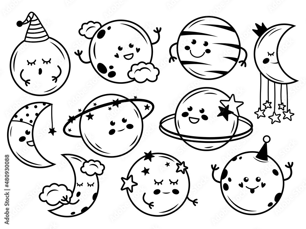 Set of cute boho moons. Collection of phases baby moon with clouds ...