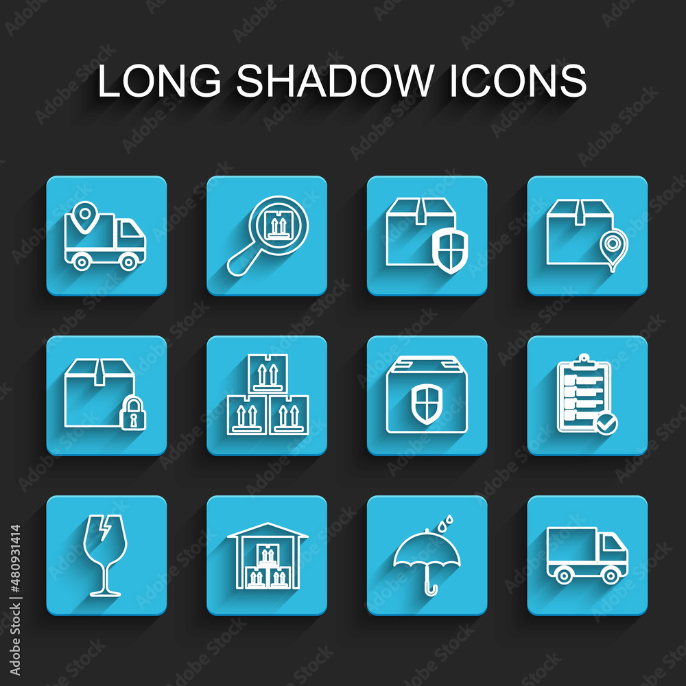 Set line Fragile broken glass, Warehouse, Delivery tracking, Umbrella and rain drops, cargo ...