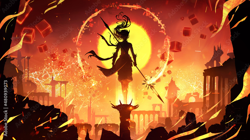 A thin, long-haired spearman warrior stands on a column in the chaos of ...