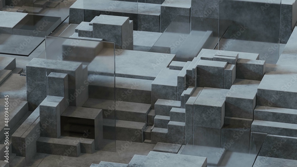 3D background, marble cubes in random level broken up into blocks of ...
