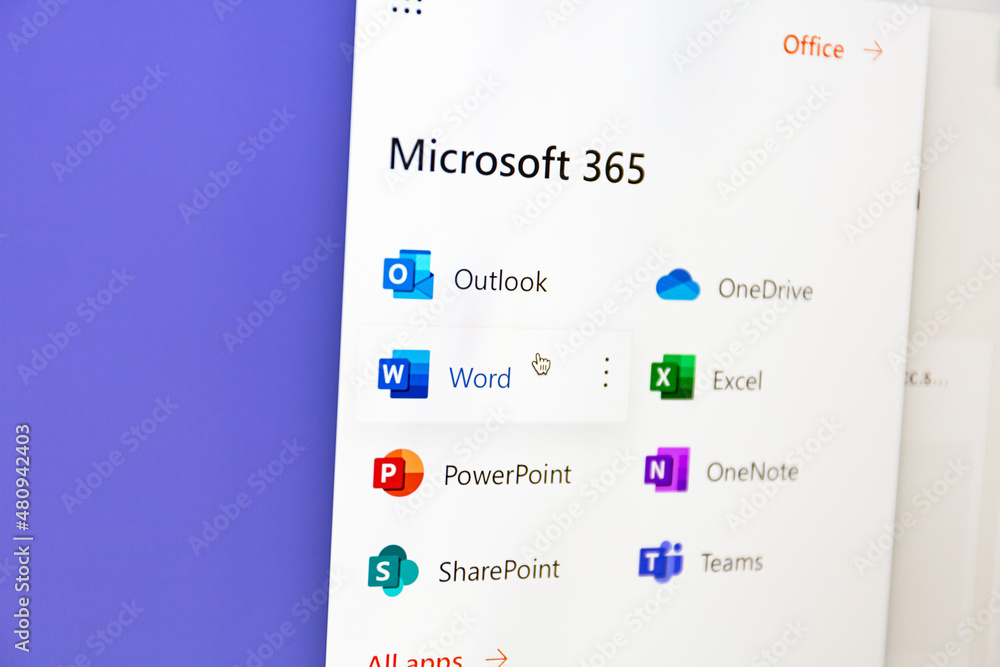 Ostersund, Sweden - Jan 17, 2022: Microsoft 365 web apps on a computer ...