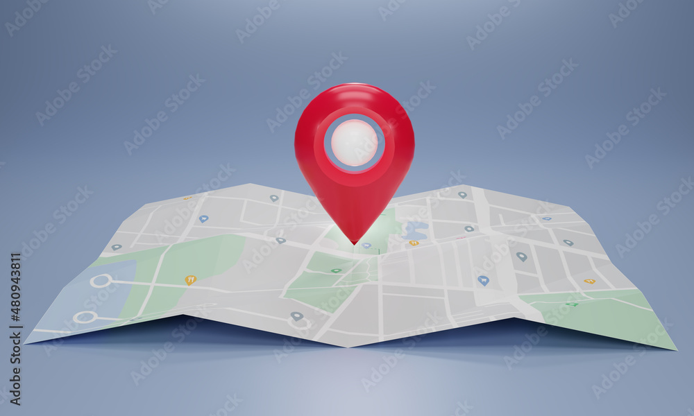 GPS. Red navigator pin checking with map on blue background. Location ...