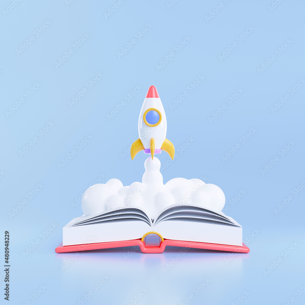 3D Rocket launch on top of a book background, Spaceship icon, education ...
