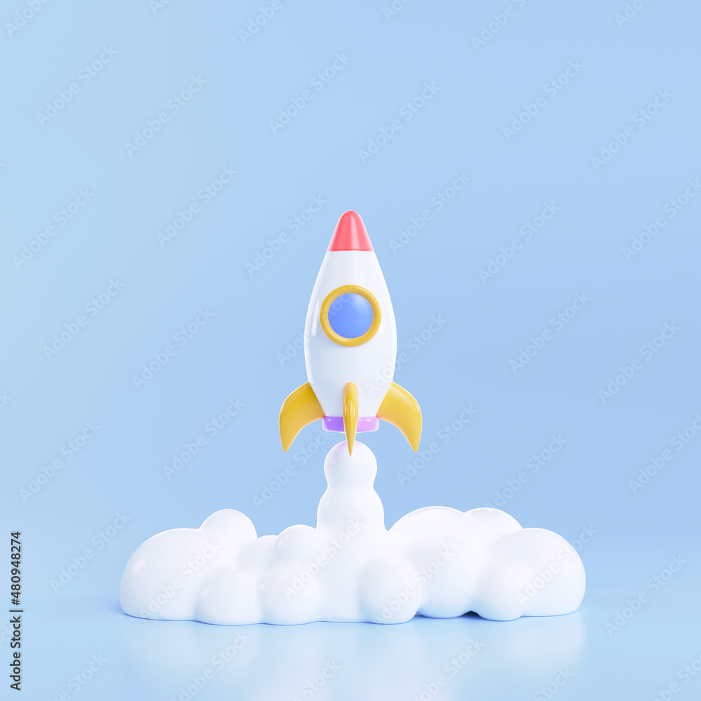 3D Rocket launch on blue background, Spaceship icon, startup business ...