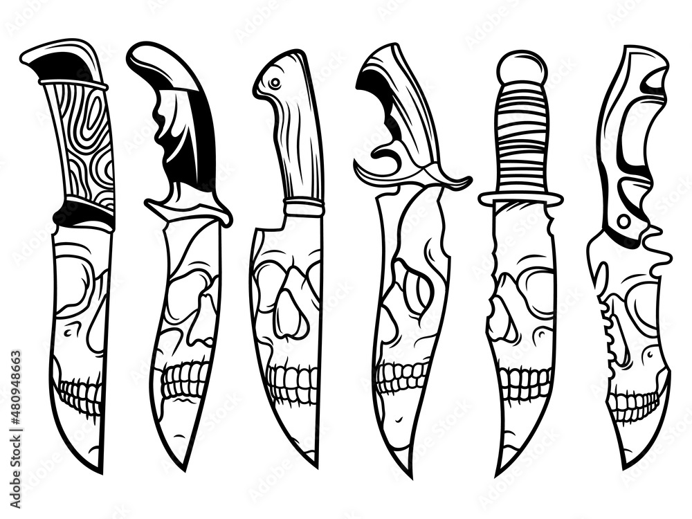 Set of skull knife. Collection of chef's knife with skeleton face ...