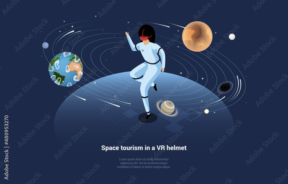 Space Tourism In VR Helmet Concept Illustration. Isometric Vector ...