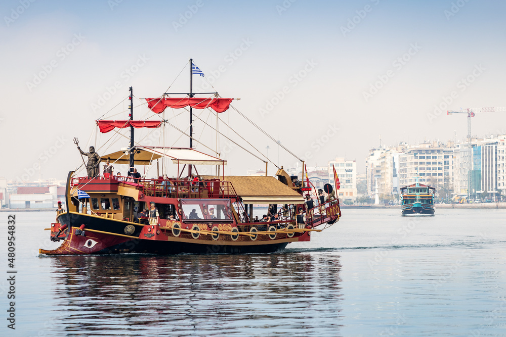 21 October 2021, Thessaloniki, Greece: Cruise boat as greek legendary ...