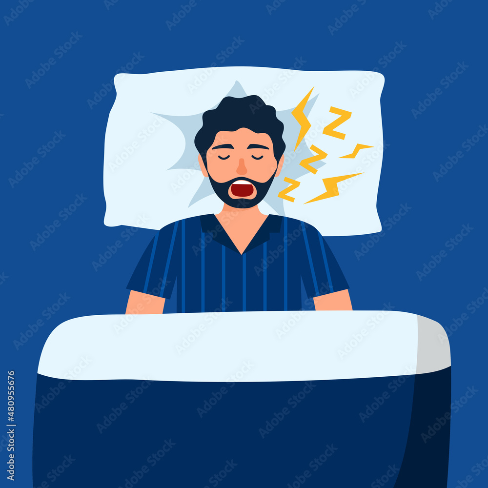 Man sleeping and snoring in flat design. Snore health problem concept ...