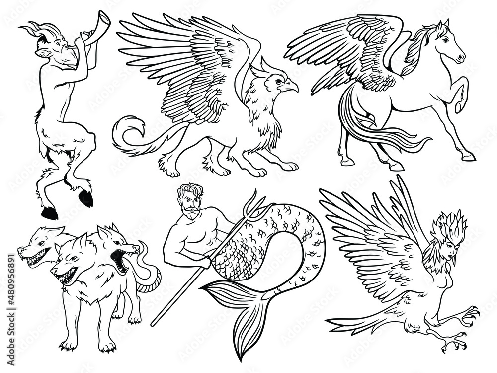 Vetor de Set of mythological animals. Collection of Greek mythical ... Vetor de Set of mythological animals. Collection of Greek mythical ...