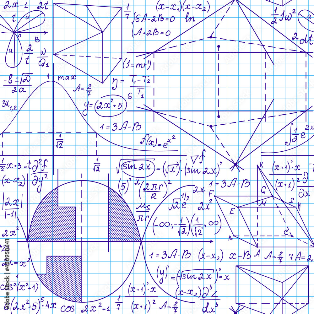 Scientific vector seamless pattern with handwritten technical formulas, physics and mathematical ...