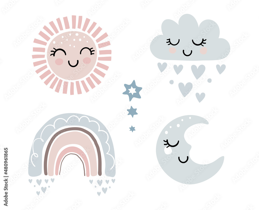 Set of cute elements for children s design, sun, moon, rainbow and and ...