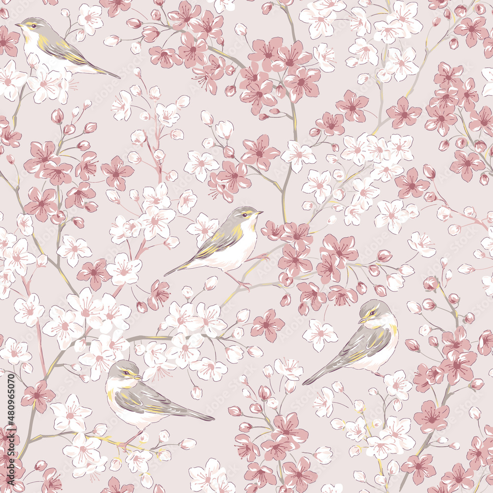 Willow Warbler bird in Spring Sakura Cherry blossom garden vector ...