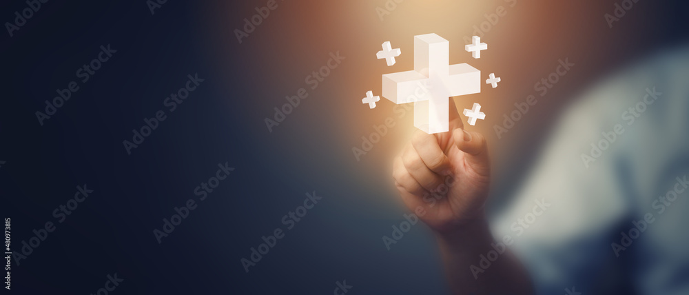 Hand holding plus sign virtual means to offer positive thing (like ...