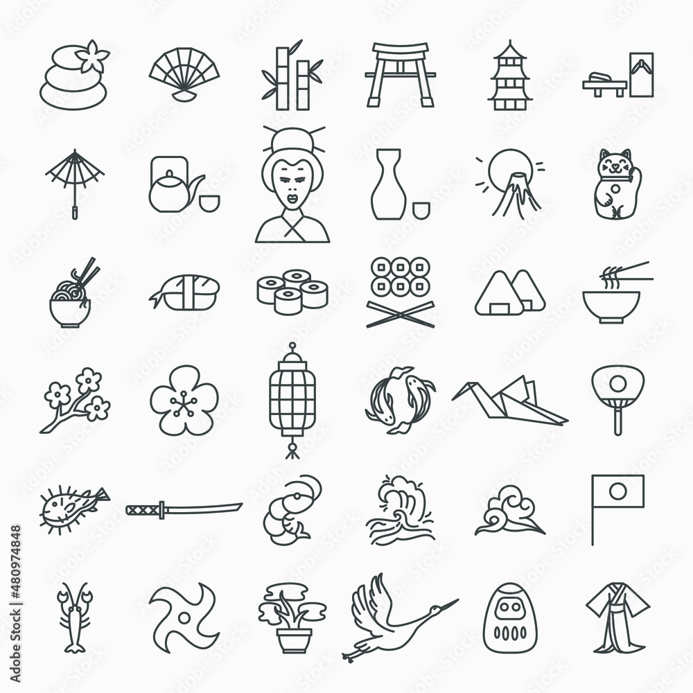 Japan Line Icons Set. Vector Thin Outline Oriental Symbols. Stock ...