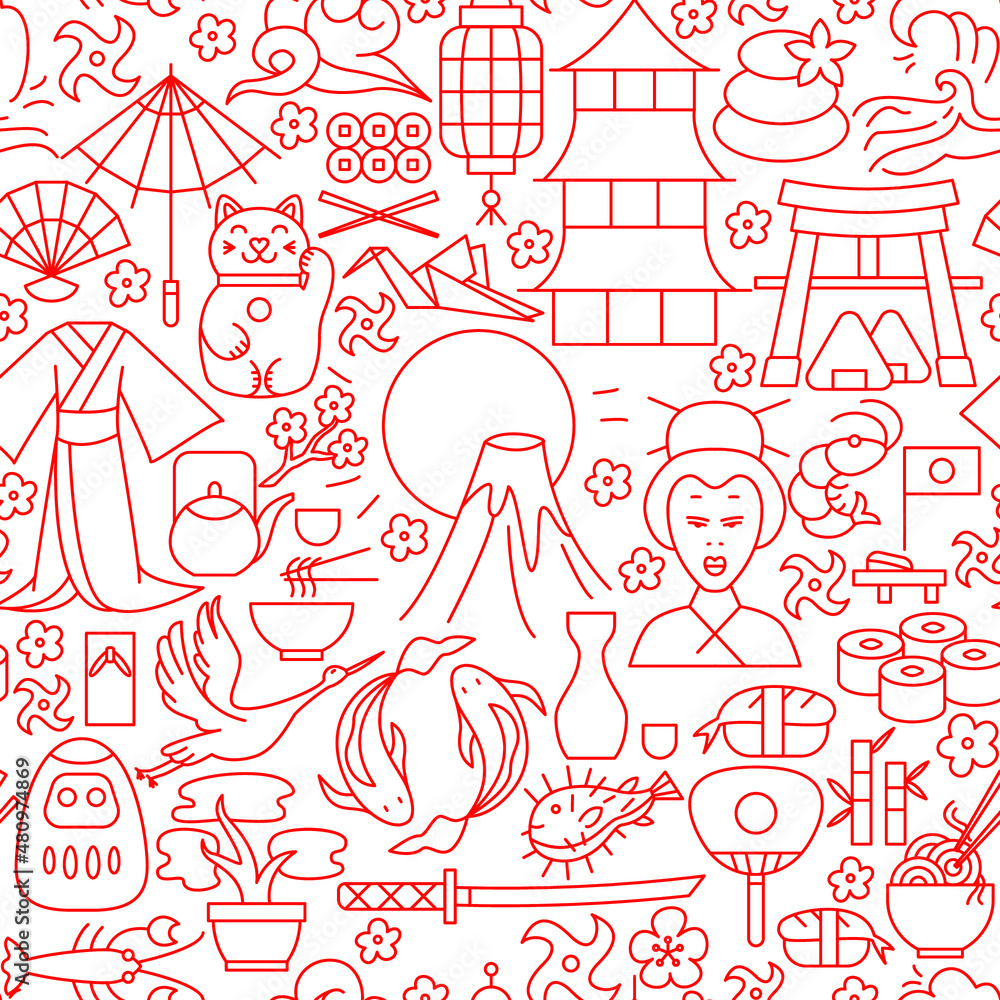 Japan Line Seamless Pattern. Vector Illustration of Outline Background ...