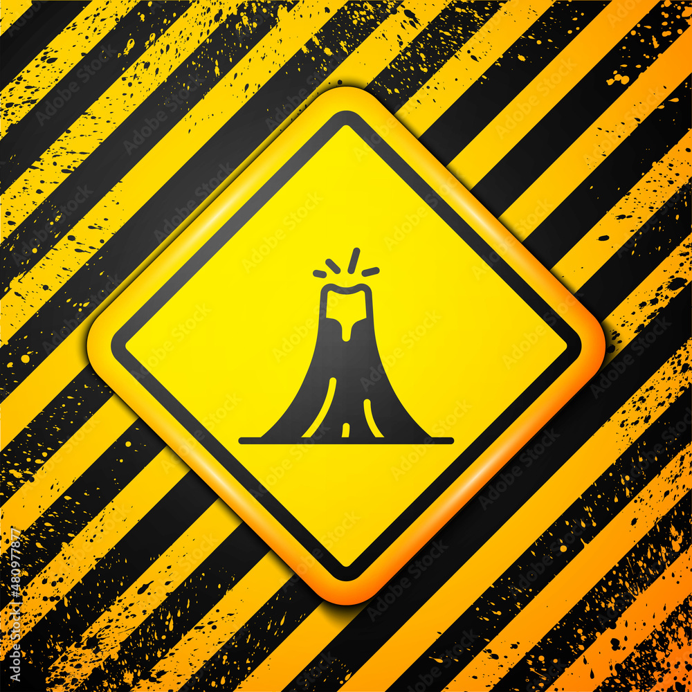 Black Volcano eruption with lava icon isolated on yellow background ...