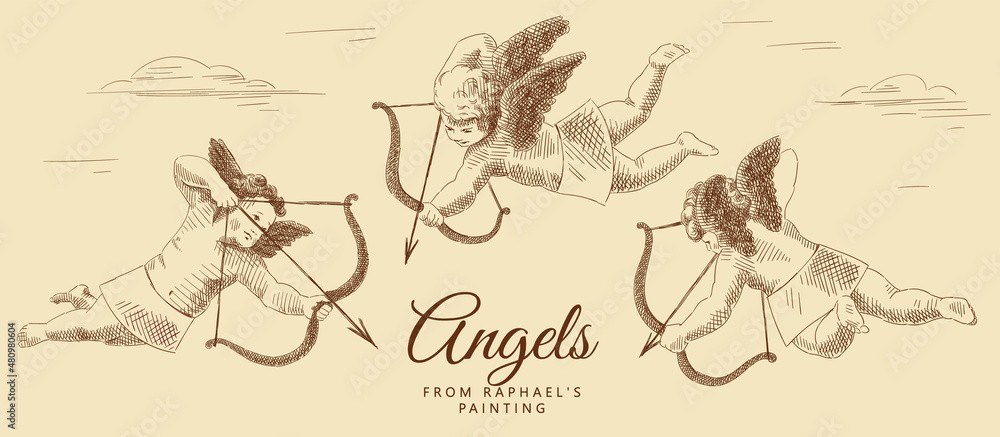 Three little angels with wings are flying, holding a bow and arrows in ...