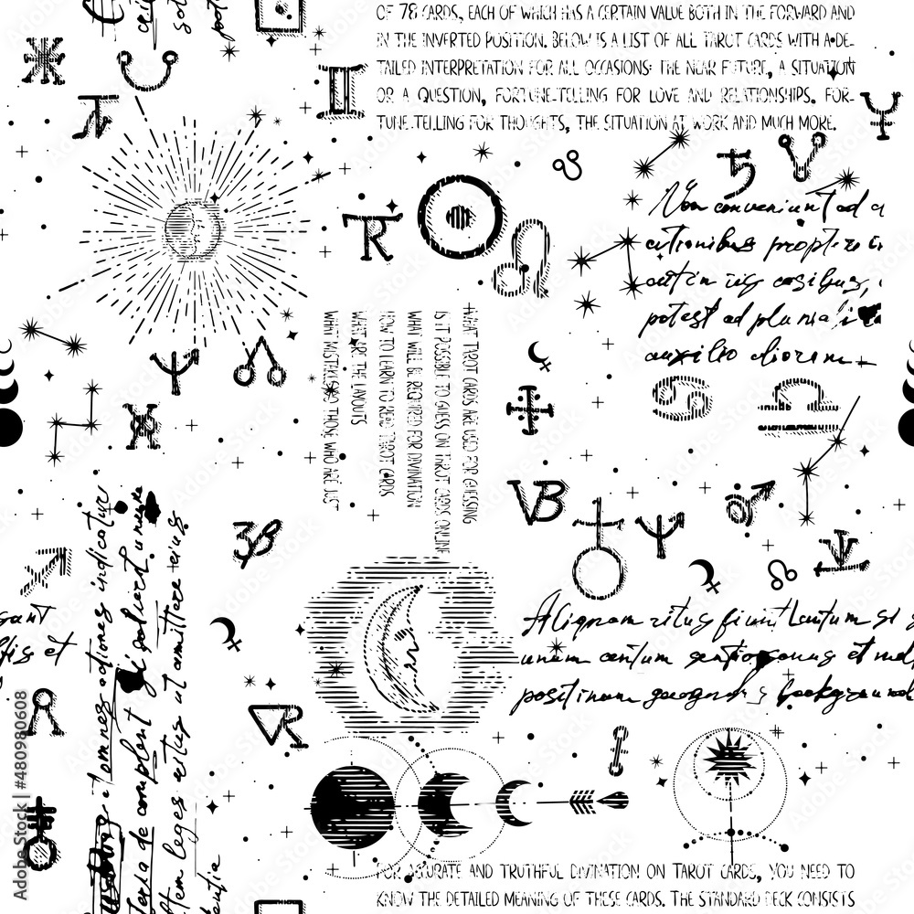 Abstract pattern of alchemical, esoteric, mystical symbols and ...