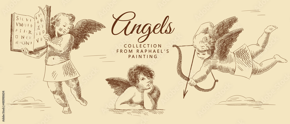 Vetor de Collection of sketches of three little angels with wings, with ...