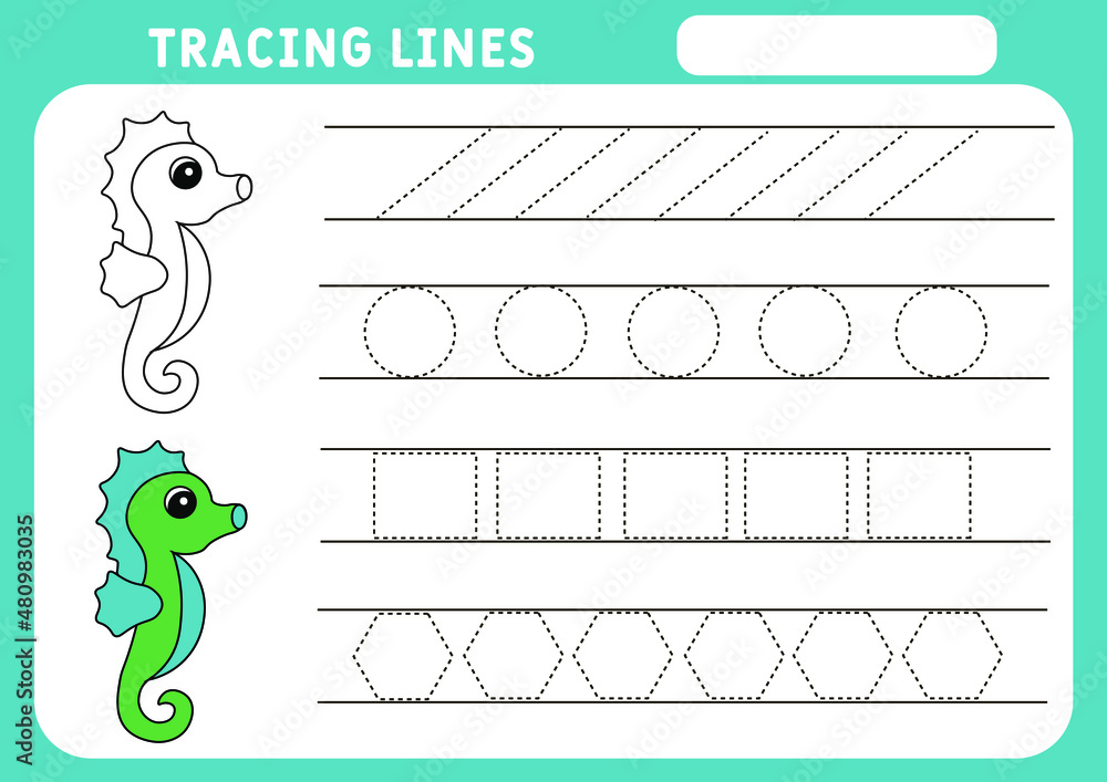 Sea Horse. Trace line worksheet for kids. Basic writing. Working pages ...