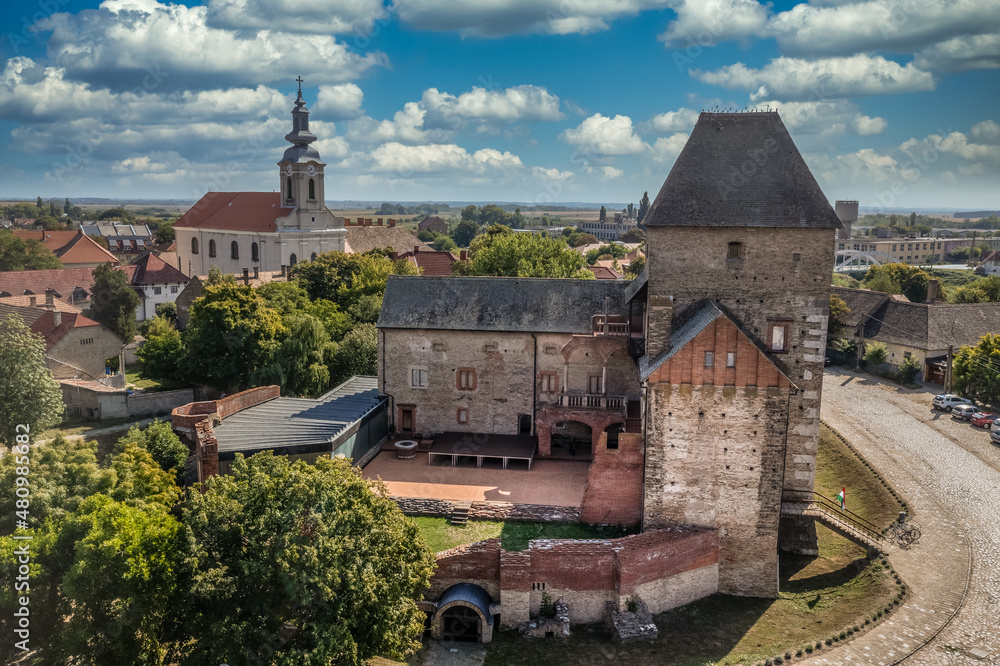 Aerial view of medieval Gothic Simontornya castle protecting the cross ...