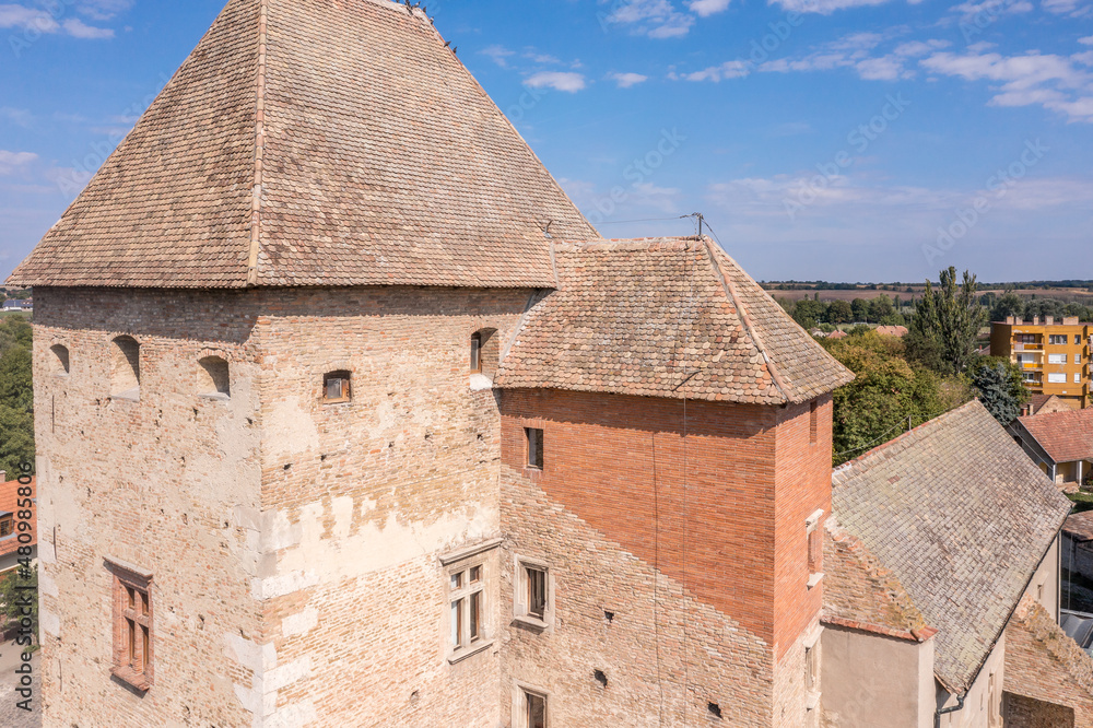 Aerial view of medieval Gothic Simontornya castle protecting the cross ...