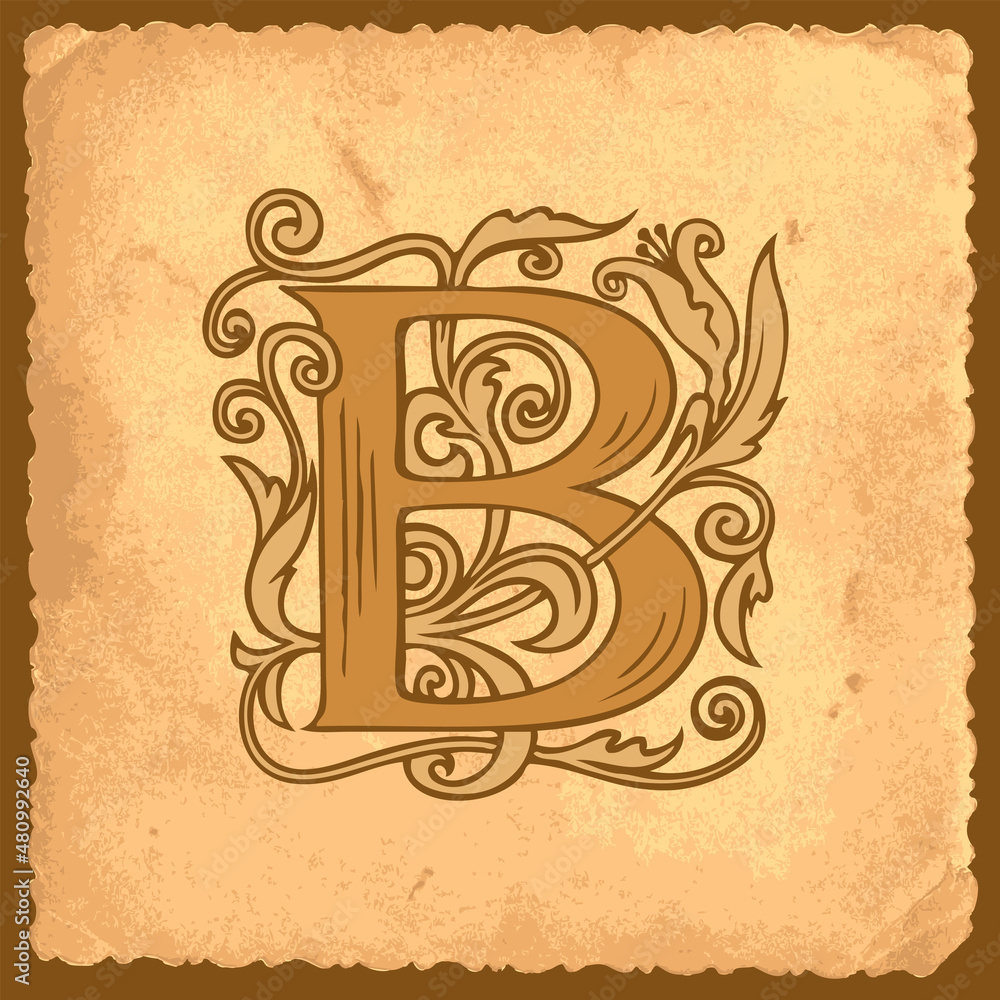 Beautiful initial letter B with Baroque decorations on an old paper ...