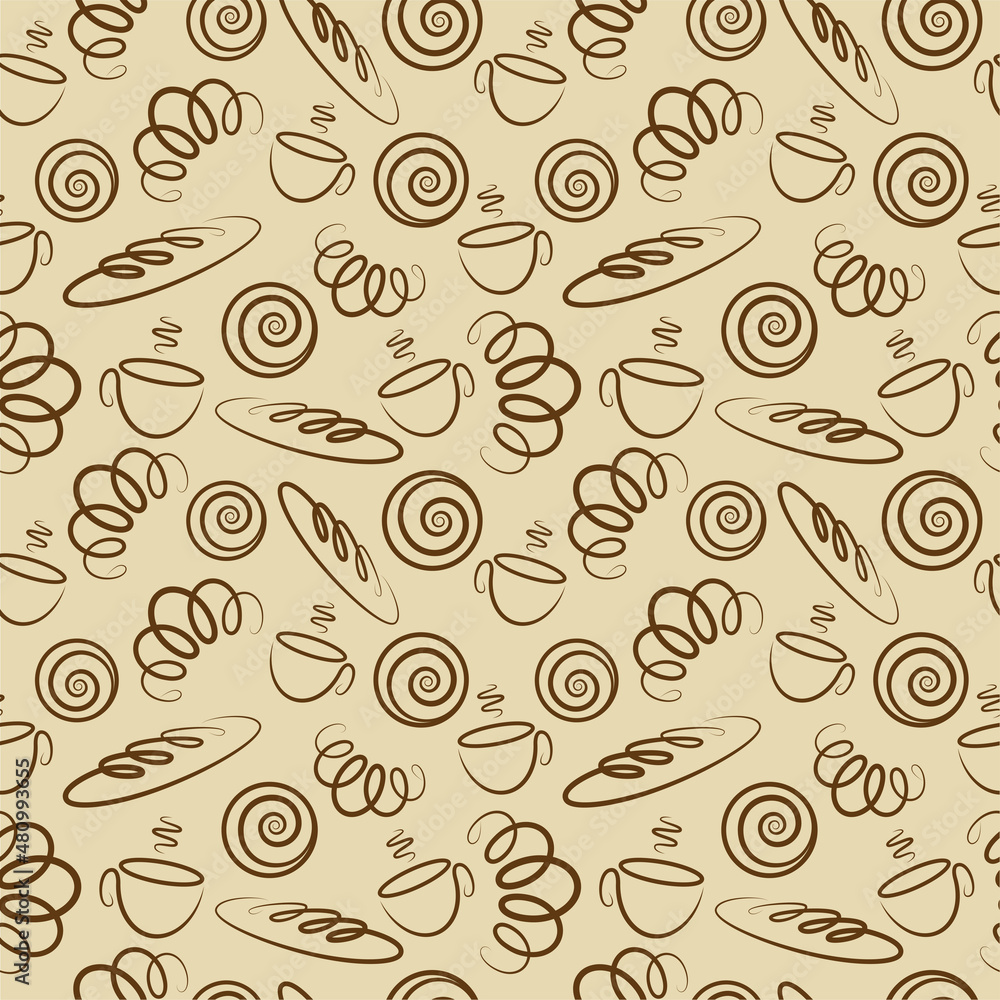 Vector seamless pastry pattern, brown on a beige background. For cafes ...