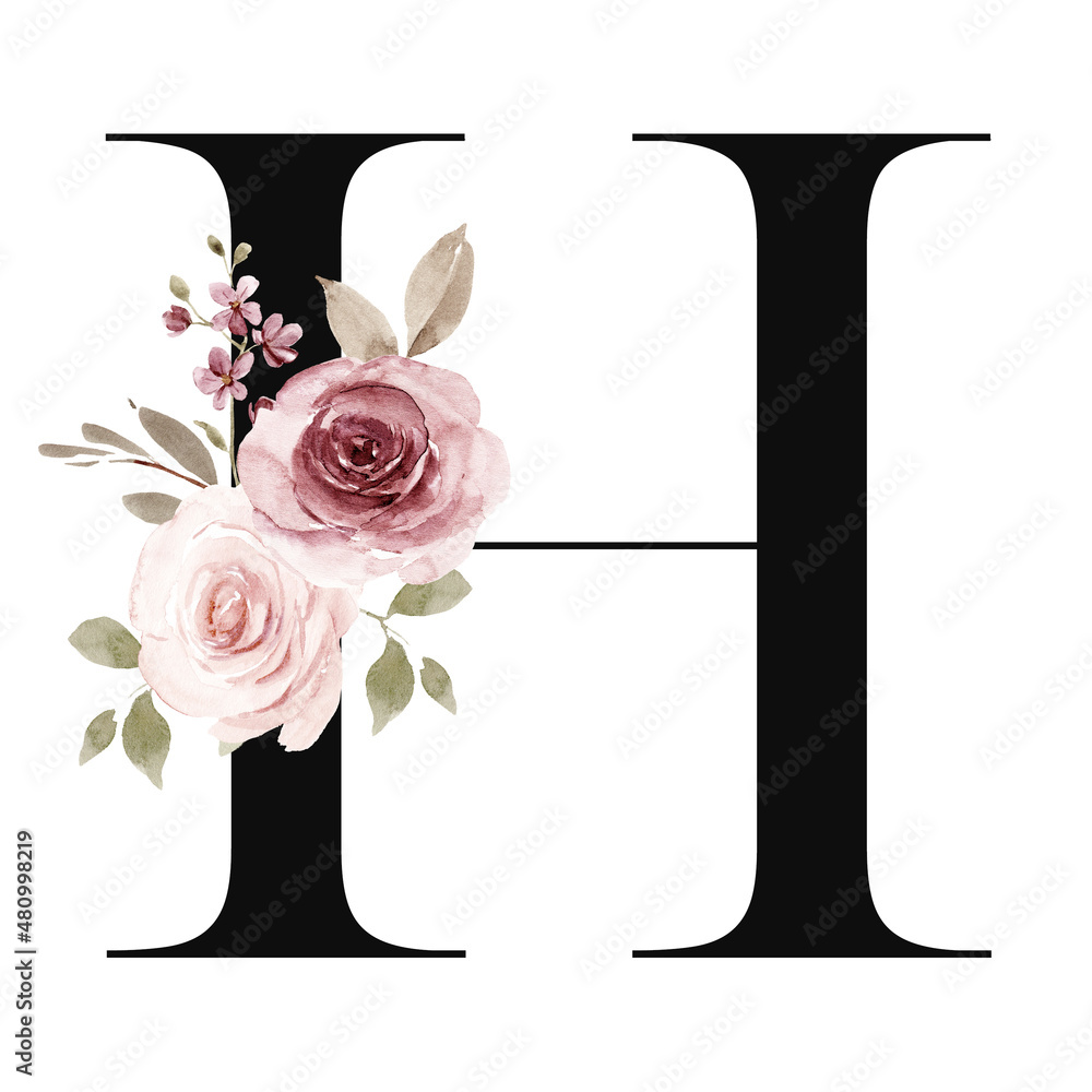 Floral alphabet, letter h with watercolor flowers and leaf. Monogram ...