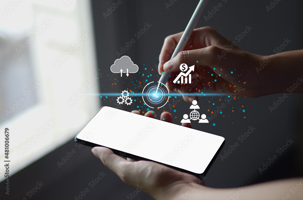 Using a pen to work on a smartphone,communication applications icons ...