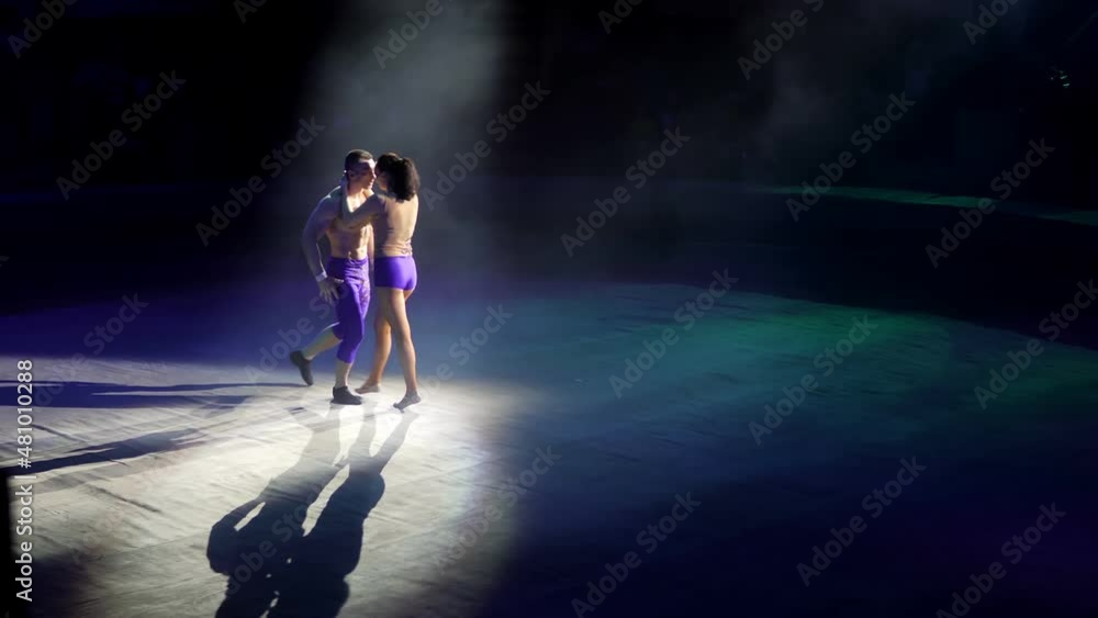A duo of gymnasts arrange acrobatic performances. Circus artists create ...