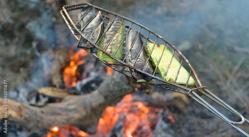 on an open fire from the branches of dry trees in the wild on the ...