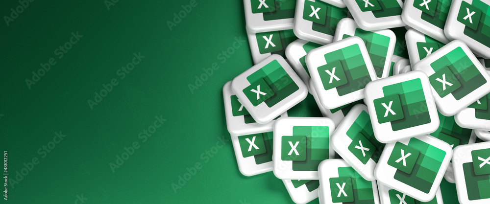 Logos of the Microsoft Office component Excel on a heap. Copy space ...