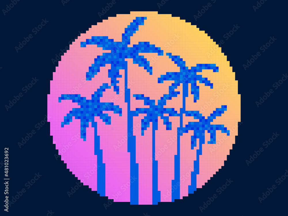 Pixel art palm trees at sunset in 80s style. 8-bit sun synthwave and ...