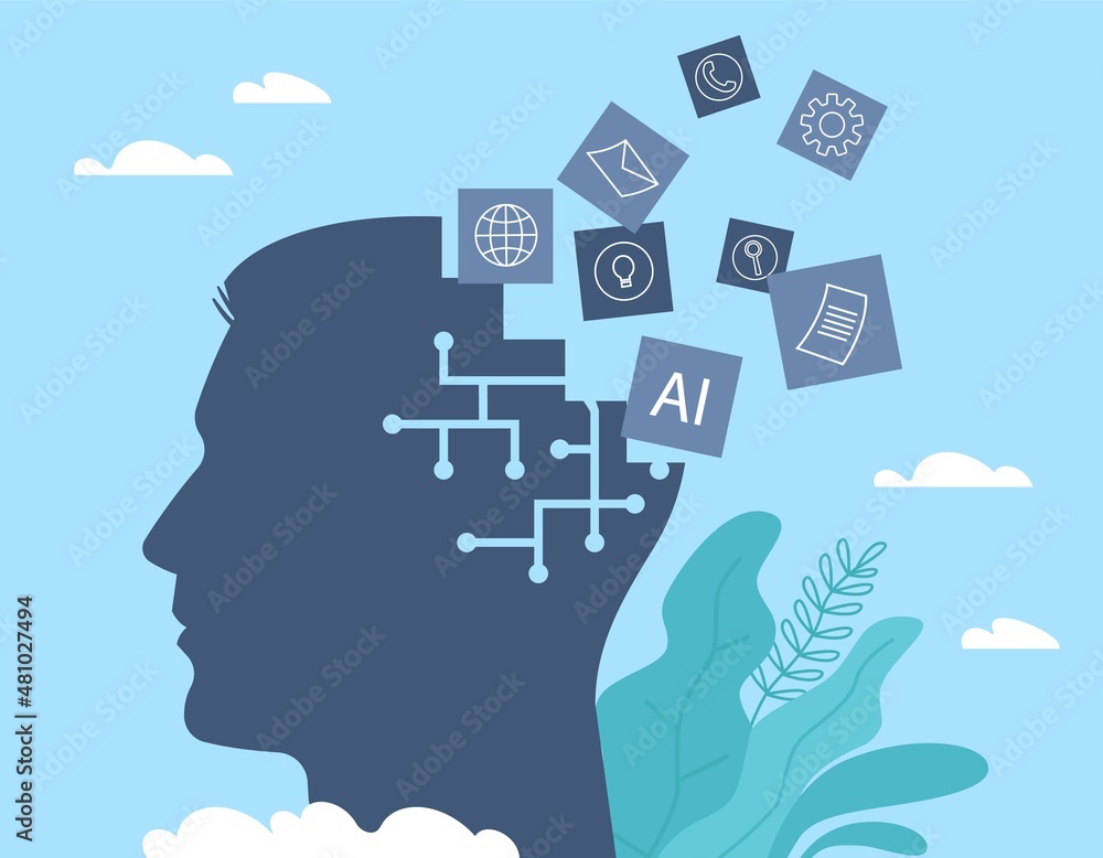 Human intelligence. Human head silhouette with knowledge signs and ...