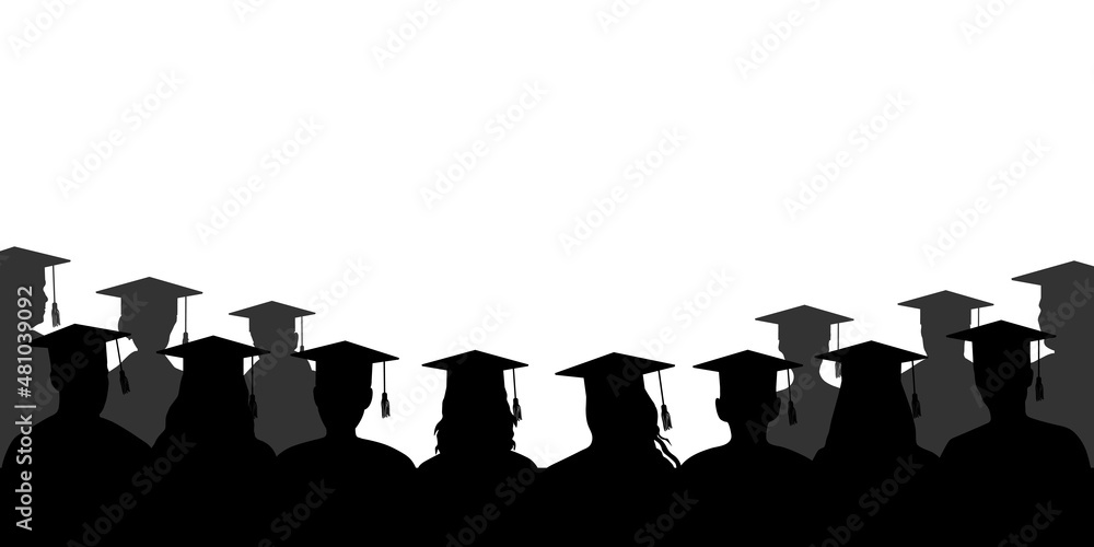 Crowd of graduates in square academic caps, silhouettes. Graduation ...