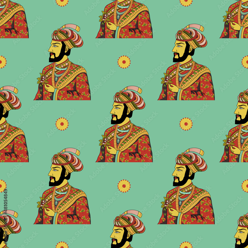 Seamless ethnic pattern with vintage portraits of medieval Indian Mogul ...