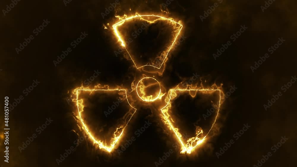 Flaming iconic trefoil radioactive symbol background animation. Danger ...