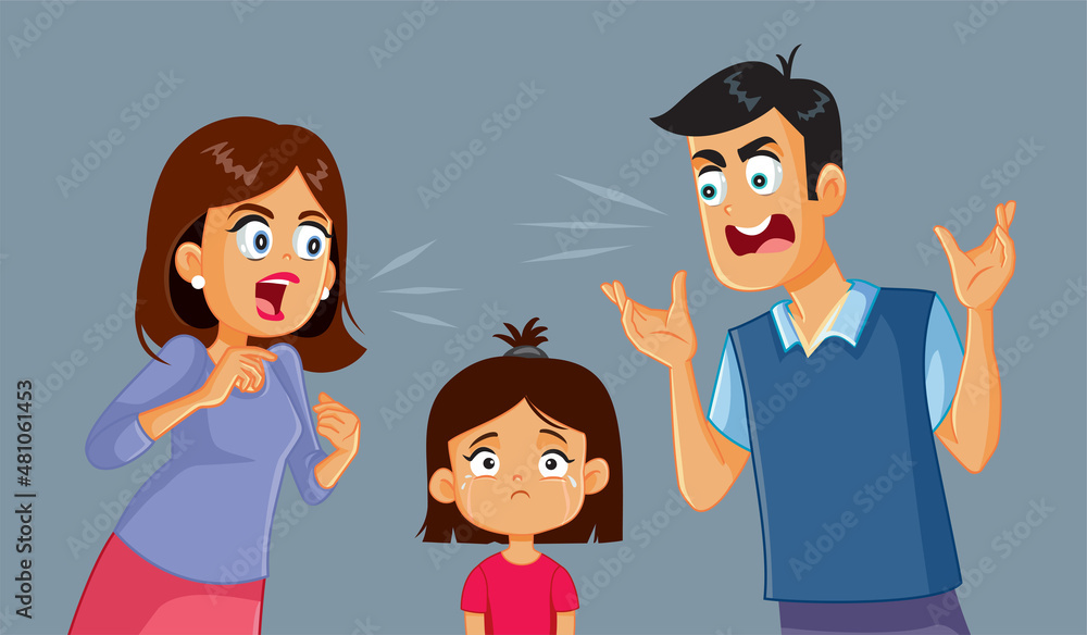 Little Girl Crying While Her Parents Fight Vector Illustration Stock ...