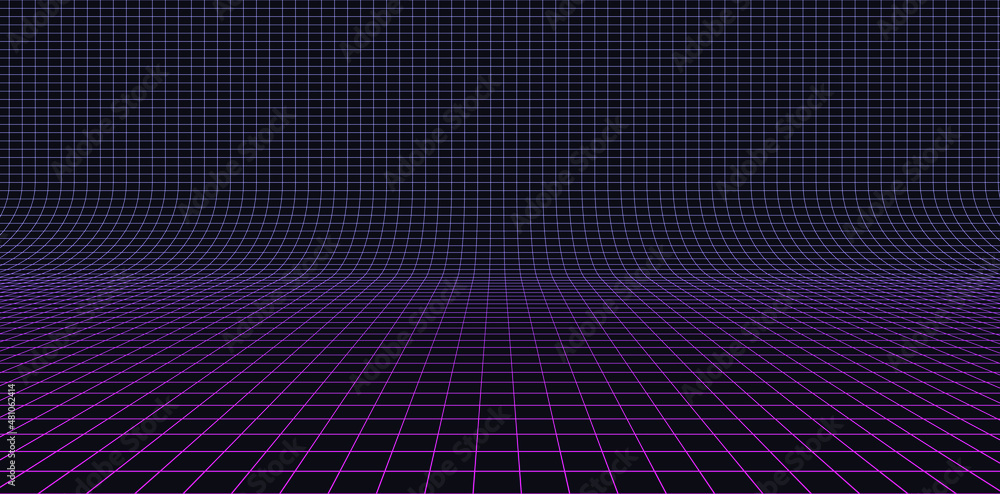 Retro Futuristic Neon Grid Background. 80s Design Perspective Plane Landscape. Neon Lines Lights ...