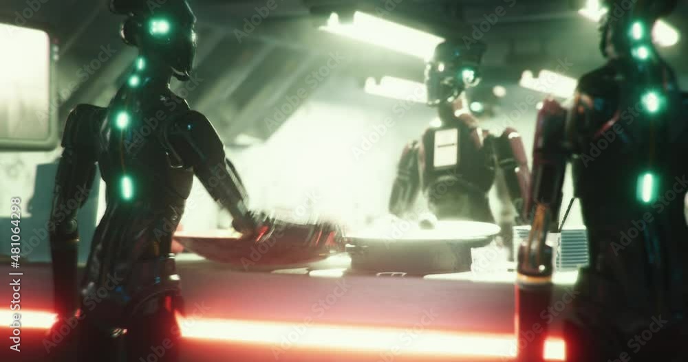 Robots argue at a futuristic food stall when another robot enters the ...