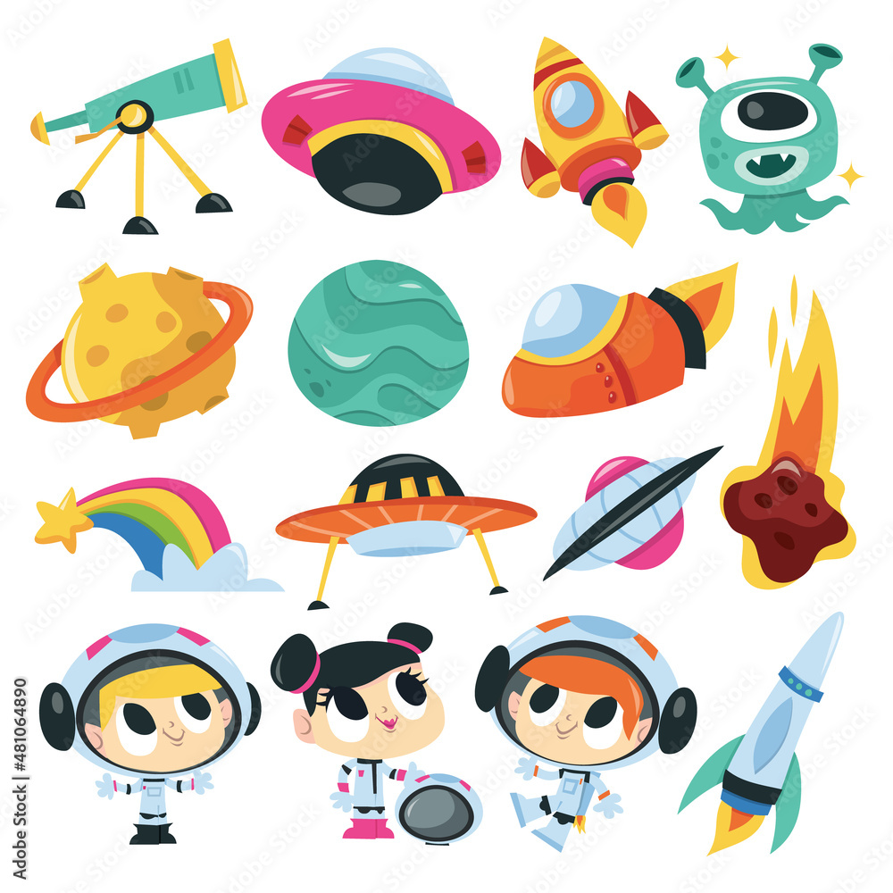 Super Cute Cartoon Space Adventure Set Stock Vector | Adobe Stock